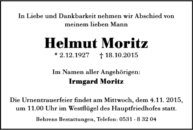 Traueranzeigen von Helmut Moritz | trauer38.de