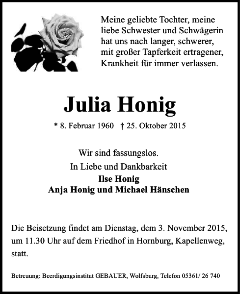 Traueranzeigen von Julia Honig | trauer38.de Traueranzeigen von Julia Honig | trauer38.de