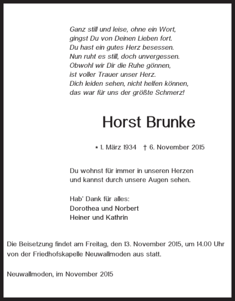Traueranzeigen von Horst Brunke | trauer38.de
