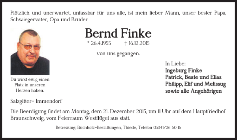 Traueranzeigen von Bernd Finke | trauer38.de