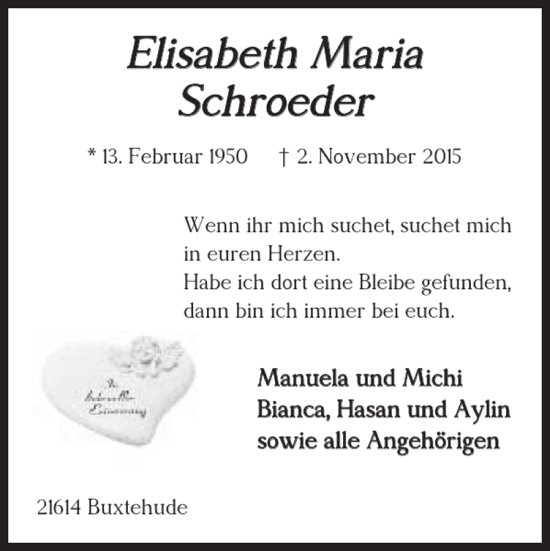 Traueranzeigen von Elisabeth Maria Schroeder | trauer38.de Traueranzeigen von Elisabeth Maria Schroeder | trauer38.de