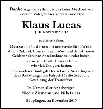 Traueranzeigen von Klaus Lucas | trauer38.de