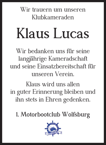Traueranzeigen von Klaus Lucas | trauer38.de
