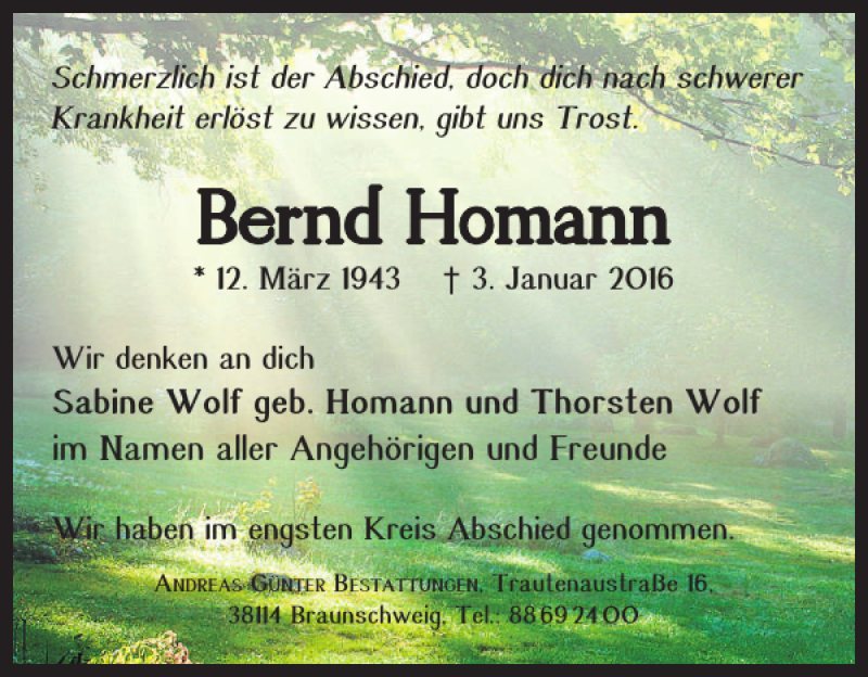 Traueranzeigen von Bernd Homann | trauer38.de