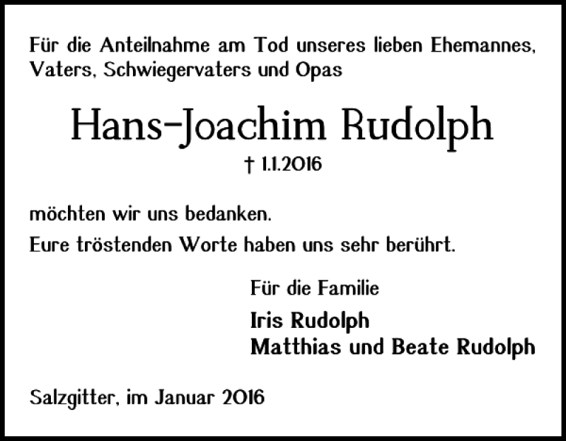 Traueranzeigen von Hans-Joachim Rudolph | trauer38.de