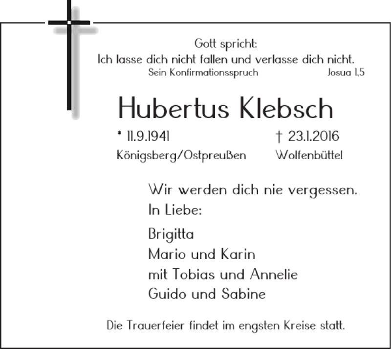 Traueranzeigen von Hubertus Klebsch | trauer38.de