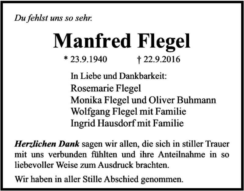 Traueranzeigen von Manfred Flegel | trauer38.de