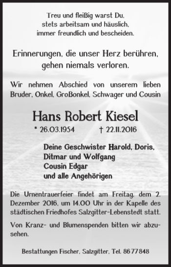 Traueranzeigen von Hans Robert Kiesel | trauer38.de