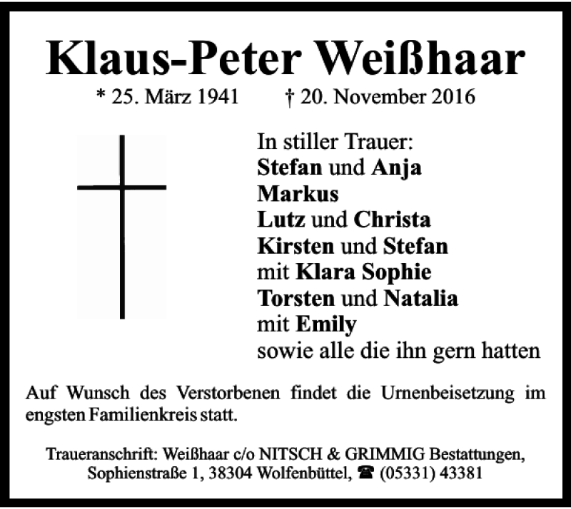 Traueranzeigen von Klaus-Peter Weißhaar | trauer38.de