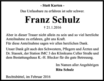 Traueranzeigen von Franz Schulz | trauer38.de