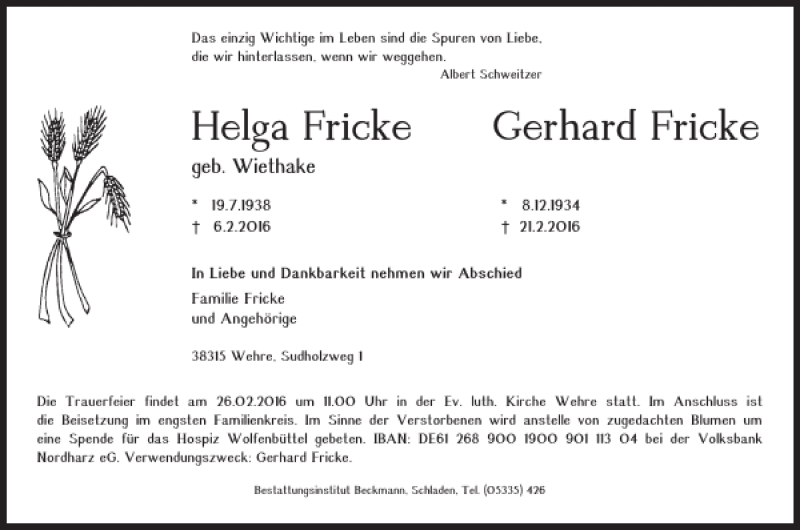 Traueranzeigen von Helga Fricke Gerhard Fricke | trauer38.de