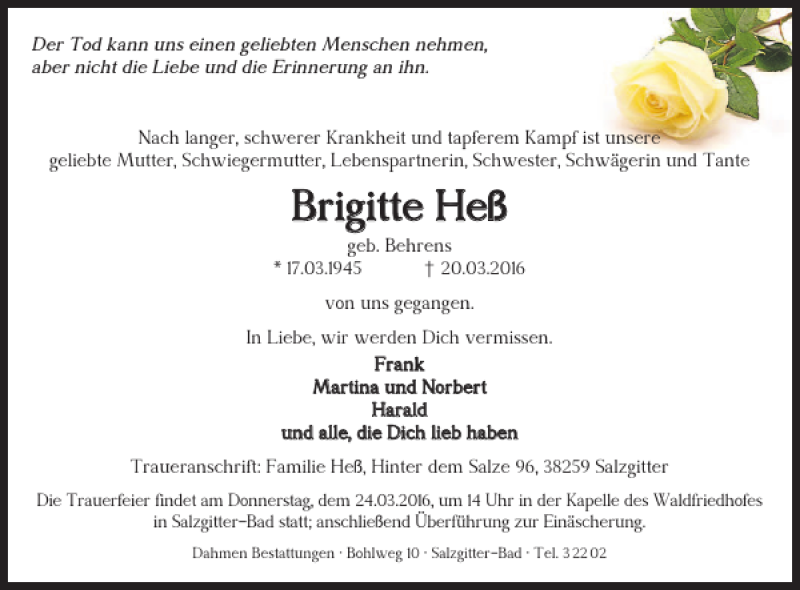 Traueranzeigen von Brigitte Heß | trauer38.de