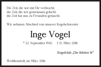 Traueranzeigen von Inge Vogel | trauer38.de