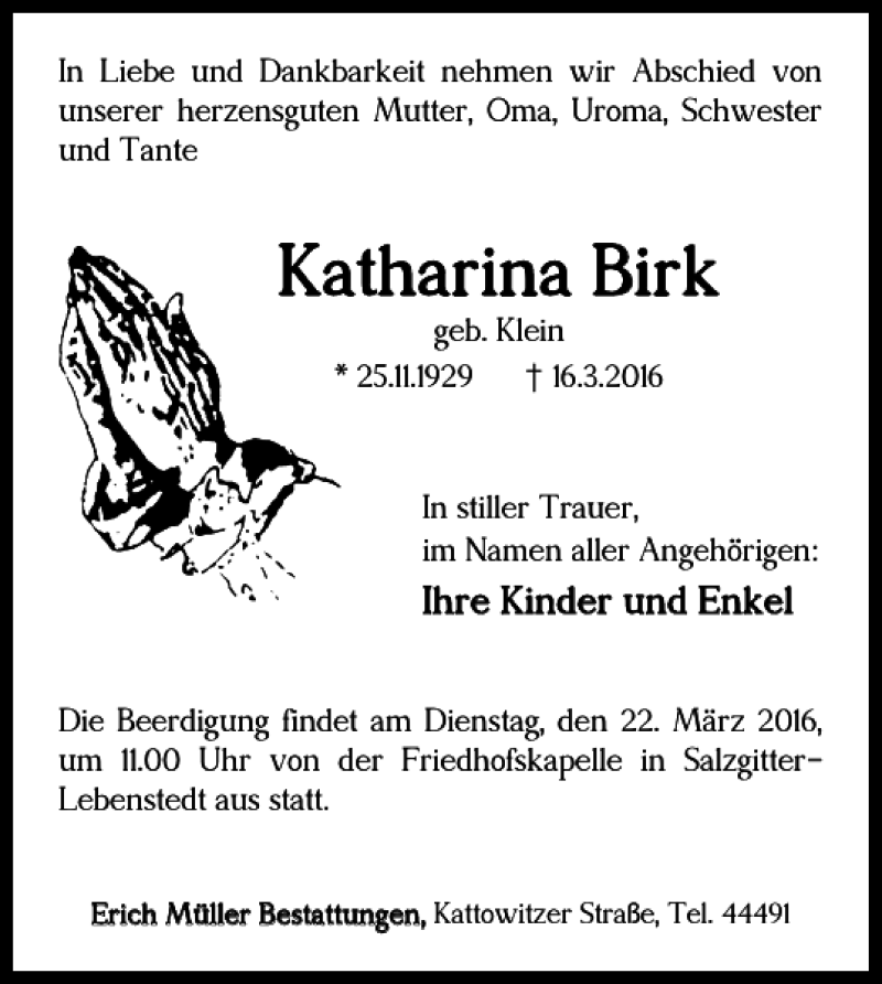 Traueranzeigen von Katharina Birk | trauer38.de