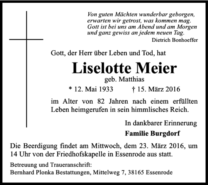 Traueranzeigen von Liselotte Meier | trauer38.de