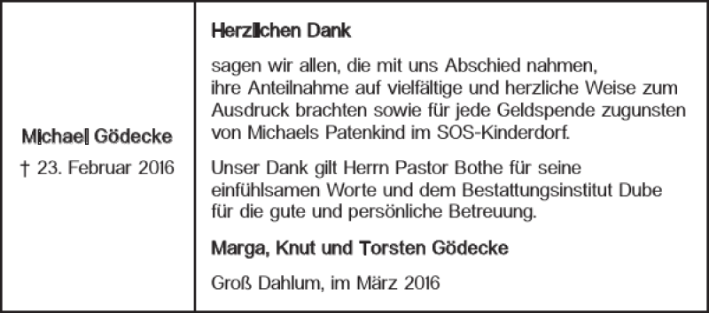 Traueranzeigen von Marga Knut und Torsten Gödecke Michael Gödecke ...