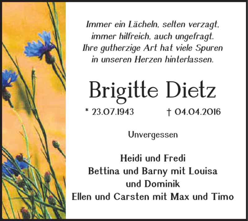 Traueranzeigen von Brigitte Dietz | trauer38.de