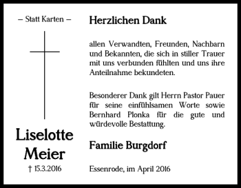 Traueranzeigen von Liselotte Meier | trauer38.de