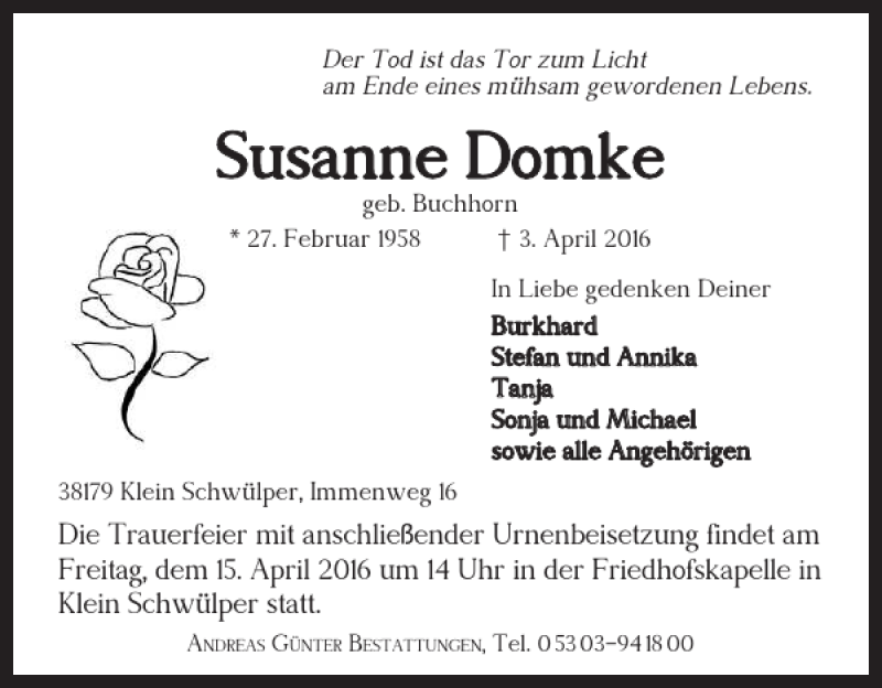 Traueranzeigen von Susanne Domke | trauer38.de