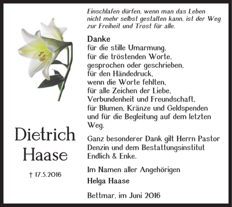 Traueranzeigen von Dietrich Haase | trauer38.de