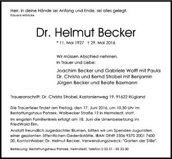 Traueranzeigen von Dr. Helmut Becker | trauer38.de