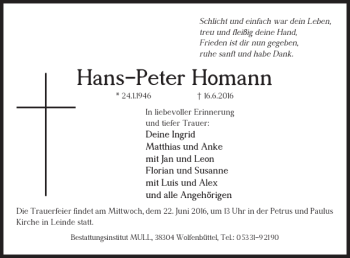 Traueranzeigen von Hans-Peter Homann | trauer38.de