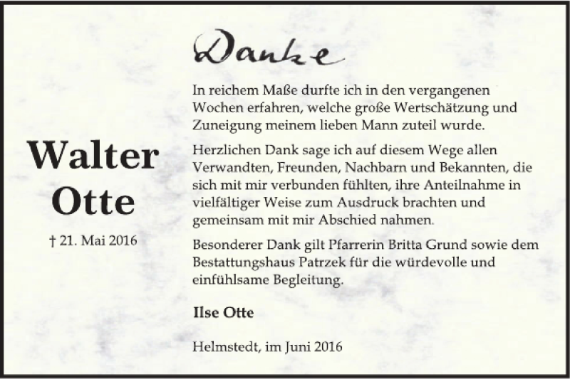 Traueranzeigen von Walter Otte | trauer38.de