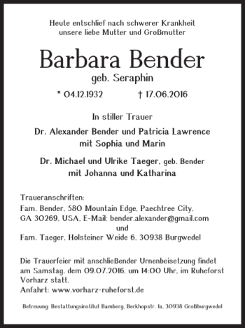 Traueranzeigen von Barbara Bender | trauer38.de