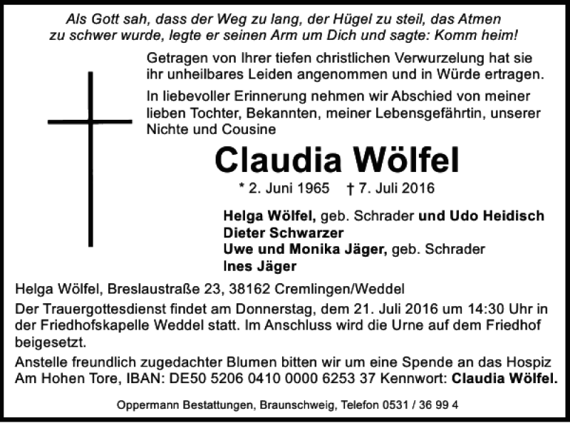 Traueranzeigen von Claudia Wölfel | trauer38.de