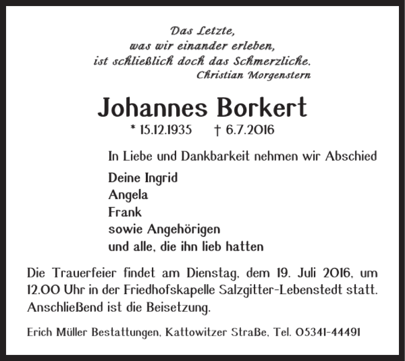Traueranzeigen von Johannes Borkert | trauer38.de