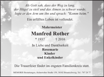 Traueranzeigen von Manfred Rother | trauer38.de