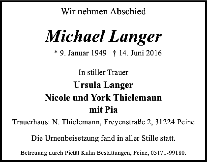 Traueranzeigen von Michael Langer | trauer38.de