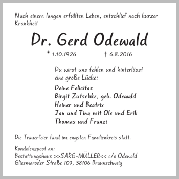 Traueranzeigen von Dr. Gerd Odewald | trauer38.de