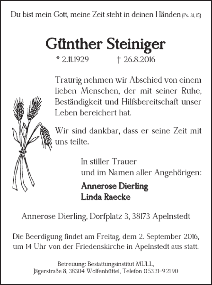 Traueranzeigen von Günther Steiniger | trauer38.de