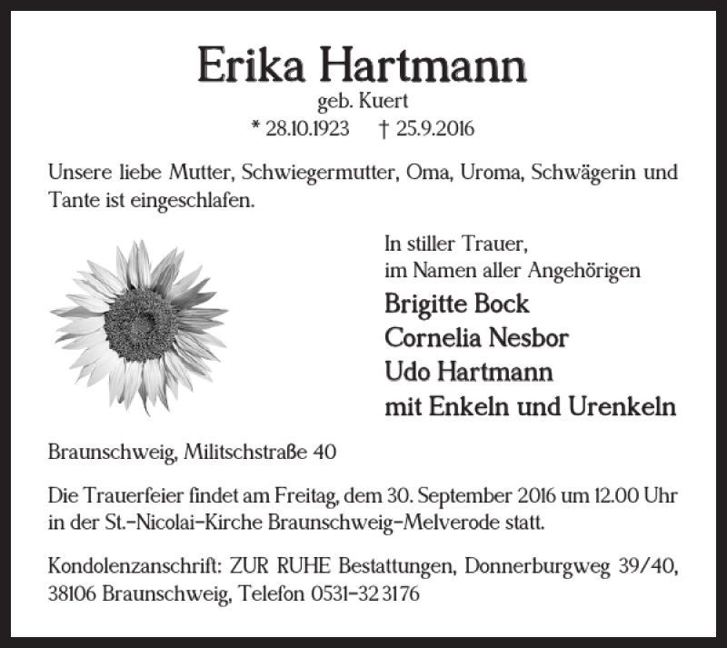 Traueranzeigen von Erika Hartmann | trauer38.de