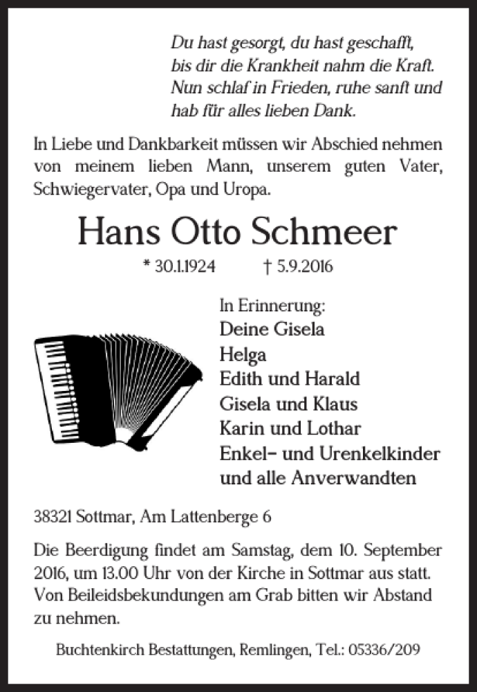 Traueranzeigen von Hans Otto Schmeer | trauer38.de