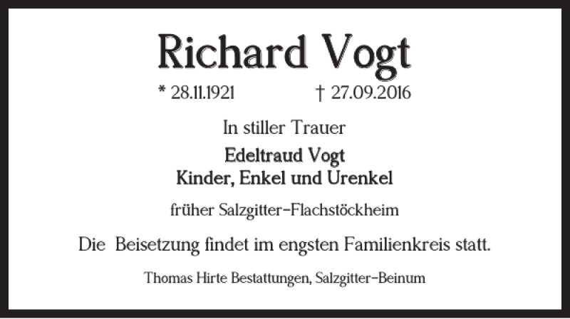 Traueranzeigen von Richard Vogt | trauer38.de