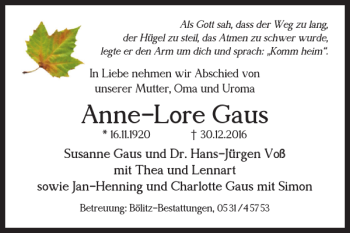 Traueranzeigen von Anne-Lore Gaus | trauer38.de