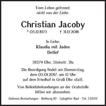 Traueranzeigen von Christian Jacoby | trauer38.de