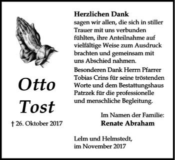 Traueranzeigen von Otto Tost | trauer38.de