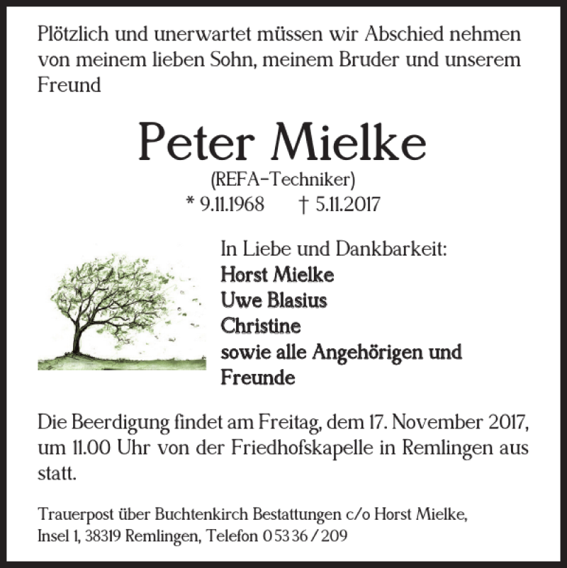 Traueranzeigen von Peter Mielke | trauer38.de