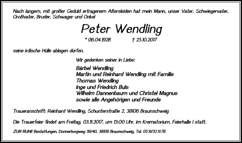 Traueranzeigen von Peter Wendling | trauer38.de