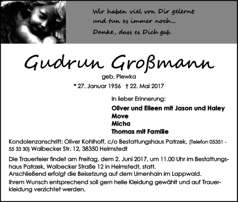 Traueranzeigen von Gudrun Großmann | trauer38.de