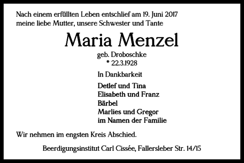 Traueranzeigen von Maria Menzel | trauer38.de