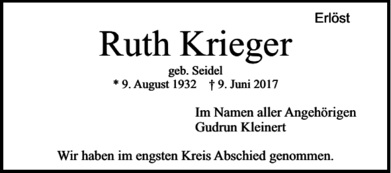 Traueranzeigen von Ruth Krieger | trauer38.de