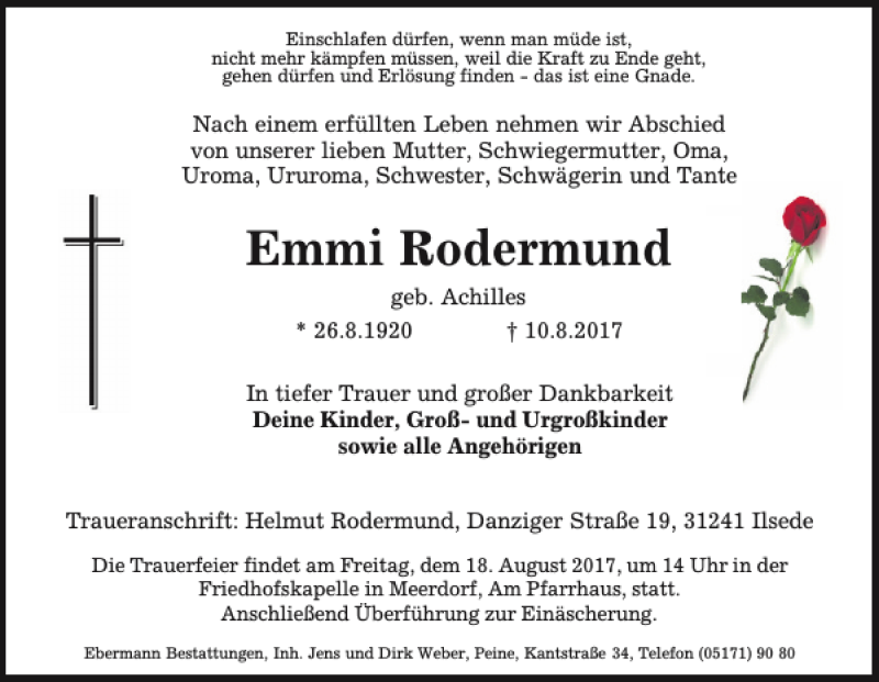 Traueranzeigen von Emmi Rodermund | trauer38.de