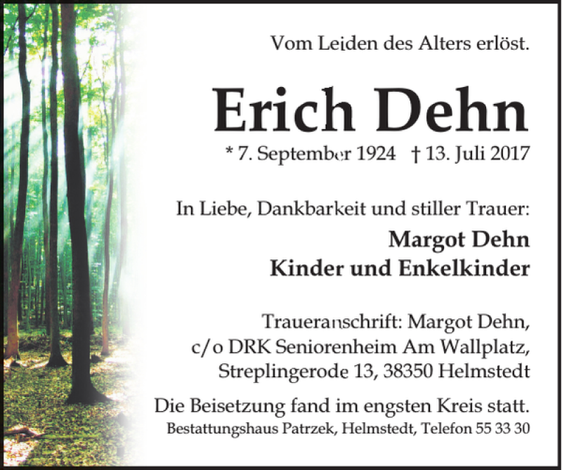 Traueranzeigen von Erich Dehn | trauer38.de