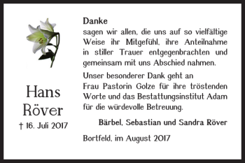 Traueranzeigen von Hans Rõver | trauer38.de