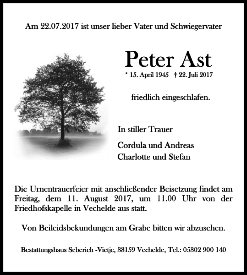 Traueranzeigen von Peter Ast | trauer38.de