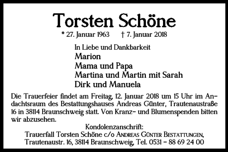 Traueranzeigen von Torsten Schöne | trauer38.de